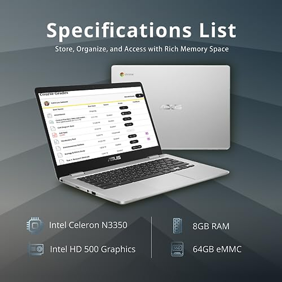 ASUS C423NA Chromebook 14" HD Laptop, Intel Celeron N3350 Processor, 8GB RAM, 64GB eMMC Flash Memory, Intel HD Graphics, HD Webcam, Stereo Speakers, Chrome OS, Silver (Renewed)