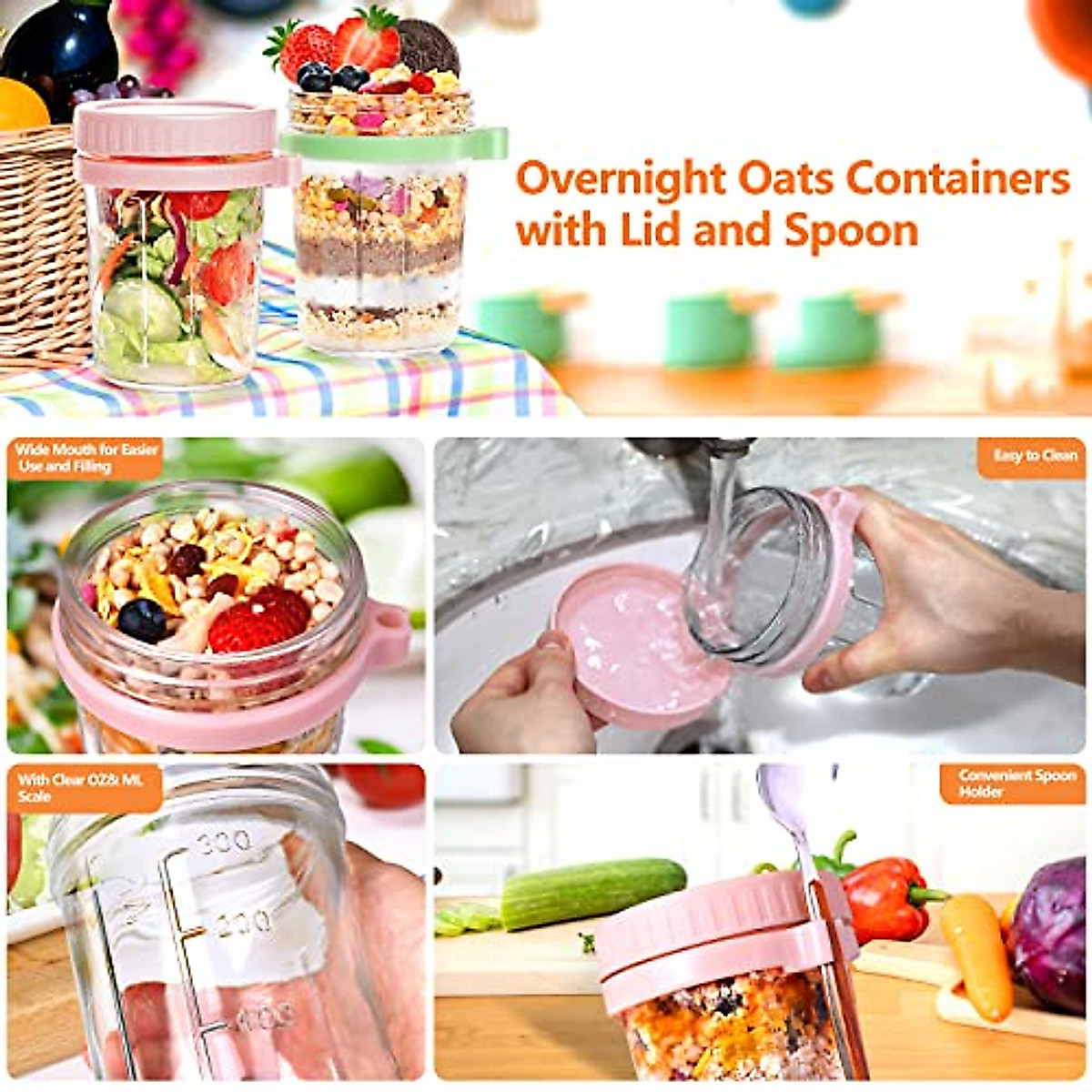Overnight Oats Containers with Lids and Spoon, Wide Mouth Mason Jars 16 Oz Overnight Oats Jars with Measure Mark,2 Pack Oatmeal Container Glass Mason Jars for Overnight Oats Salad (Pink/Light Green)
