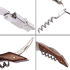 Mini Skater Professional Wine Opener Keys Natural Wood Handle Double-Hinged Stainless Steel Screw Beer Bottle Corkscrew with Leather Pouch For Bartenders Waiters Servers,1Pcs (B Style + Pouch)