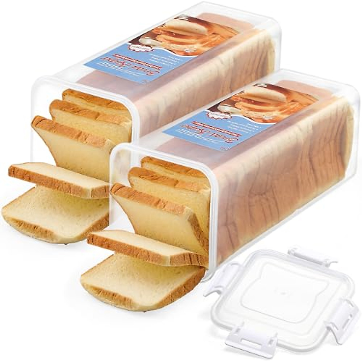 AOZITA Bread Box with Airtight Lid, Fresh Bread Storage Container, Bread Loaf Storage Dispenser, Plastic Sandwich Bread Keeper, White Lid, 2 Pack
