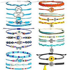 PAXCOO Set of 25 Surfer Wave Bracelet Ocean Wave Adjustable Waterproof Handmade Friendship Bracelet Summer Sunflower Bracelets Anklets Jewelry for Women Teen Girls