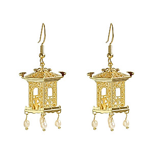 Holibanna 1 Pair Bead Tassel Earrings Gold Drop Earrings Pavilion Shaped Design Earrings Decorative Chinese Style Ear Jewelry Party Dangle Earrings for Women Ladies