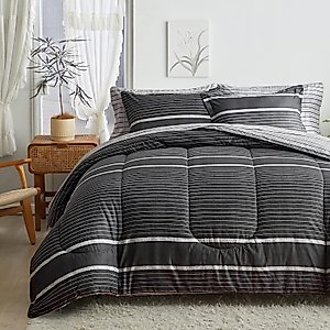 Flysheep 3 Pcs Boho Striped Comforter Set Twin Size for Kids, White Striped on Black Dark Grey Soft Microfiber Reversible Bedding Set for All Season