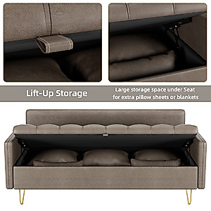 Senfot Faux Leather Sofa Couch 60" W Sofas with Button Tufted Design and Hand Stitched, Heavy Duty Foundation with Gold Metal Legs, Lift-Up Storage and Bolster Pillows in Dark Brown