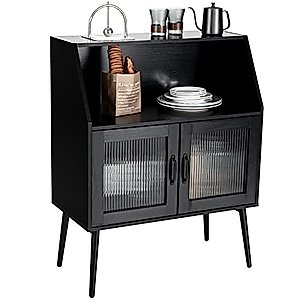 Giantex Buffet Cabinet with Storage, Farmhouse Sideboard with Open Shelves & Tempered Glass Door, Mid Century Free-Standing Kitchen Cupboard for Living Room Hallway, Black