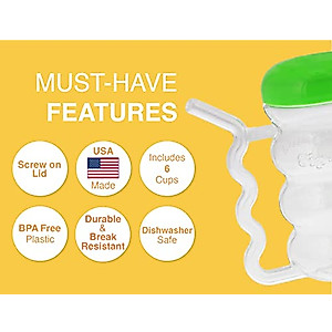 Arrow Home Products Sip-A-Mug, 14oz, 6pk - Easy to Grip Plastic Kid's Cup Where the Handle is the Straw - BPA-free with Screw-On Caps Great for Everyday Use, Made in the USA - Clear with Color Lids
