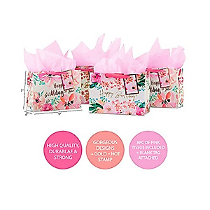 YE GIVING Happy Birthday Gift Bags With Tissue 9"x4"x7" 4 Pack. 2 Designs. Includes Tissue Paper And Tags.