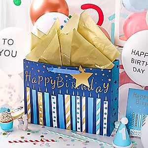 MAYPLUSS 16" Birthday Large Gift Bag with Greeting Card and Tissue Paper for Birhtday - Blue Gold Foil Candle Design