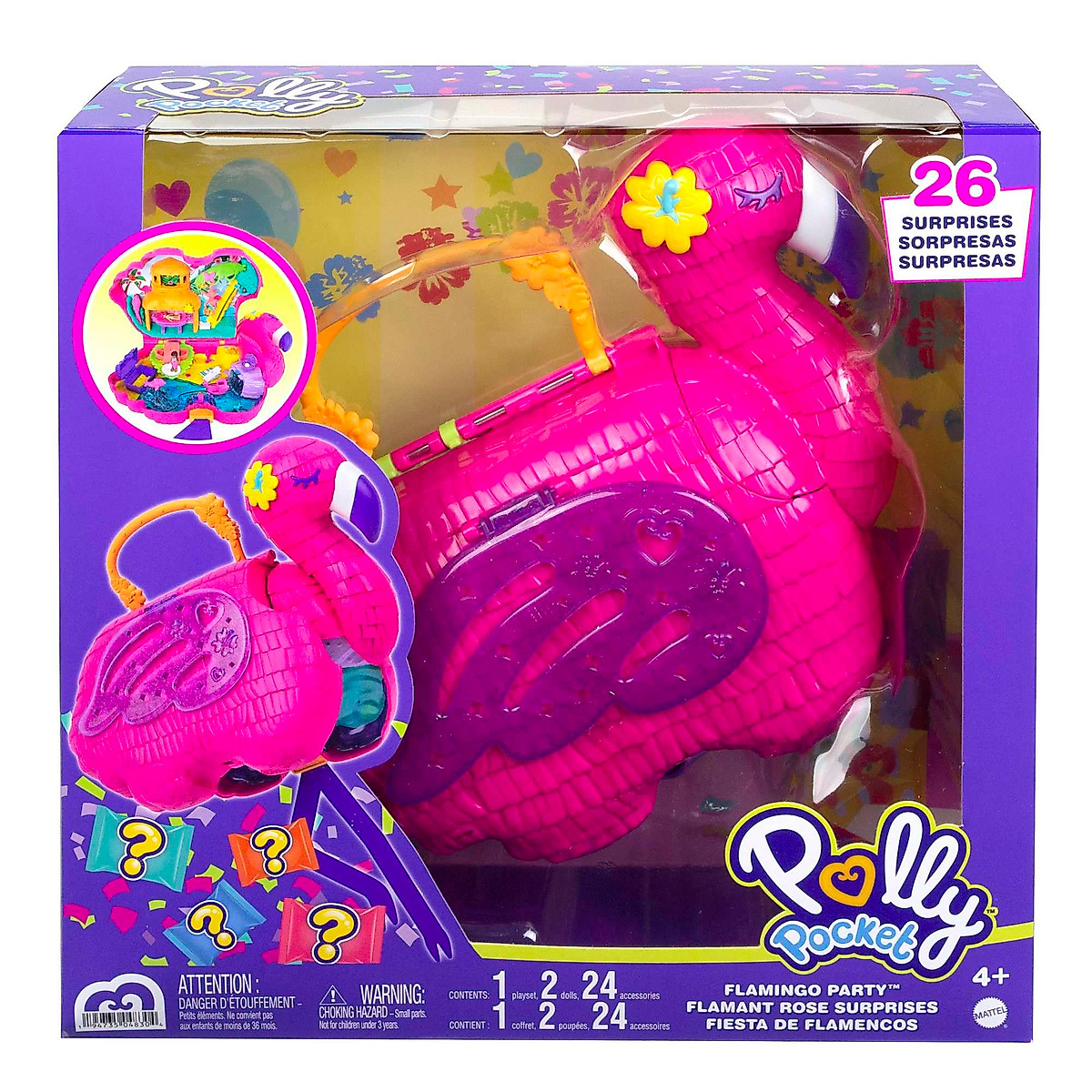 Polly Pocket Flamingo Party Large Compact Playset with 26 Surprises (Including Micro Margo & Friend Dolls), Pop & Swap Feature, Tropical Party Play Areas: Palm Tree Slide & Swing; Banquet; Water Area