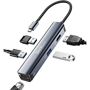 USB C Hub Ethernet, Dockteck 5-in-1 Multiport Adapter with USB C to 4K HDMI,1Gbps LAN, 3 USB 3.0, for MacBook Air/Pro, iPad Air/Pro, Surface Pro, XPS and More