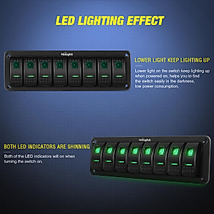 Nilight 8 Gang Rocker Switch Panel 5Pin On Off Toggle Switch Aluminum Holder 12V 24V Dash Pre-Wired Green Backlit Switches for Automotive Cars Marine Boats RVs Truck, 2 Years Warranty