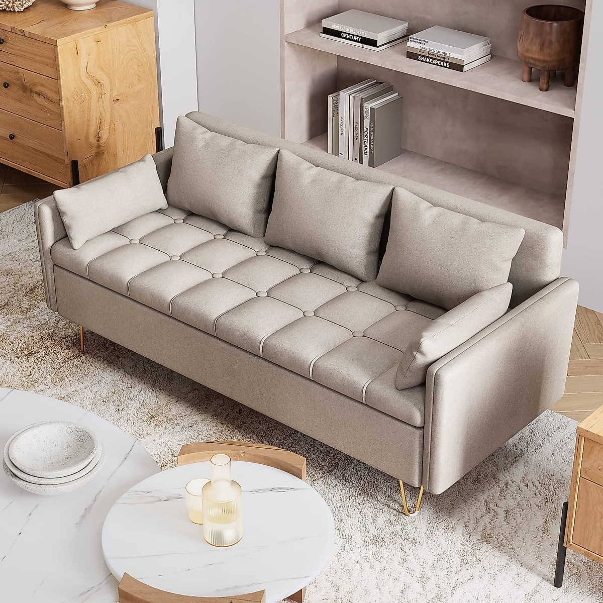 Senfot Sofa Couch Faux Leather 60" W Sofas with Lift-Up Storage and Comfortable Hand Stitched, Pillows, Modern Design with Button Tufted and Gold Metal Legs in Beige