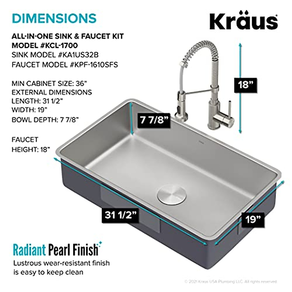Kraus KCL-1700 Dex 16 Gauge Stainless Steel Single Bowl Sink with Spot Free 18-Inch Commercial Kitchen Faucet with Dual Function Pull-Down Sprayhead in All-Brite