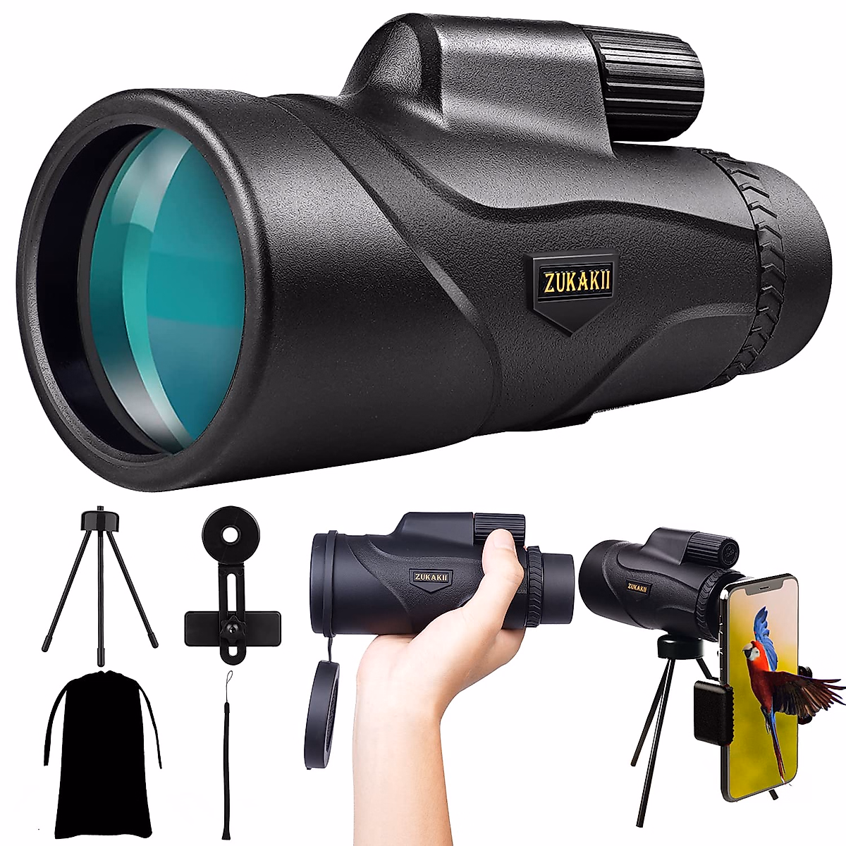 zukakii 12x50 Monocular Telescope, 2021 Mini Waterproof Telescope for Adult with Smartphone Holder & Tripod, BAK4 Prism FMC Lens for Bright Large View Bird Watching Hunting Hiking Camping Travel