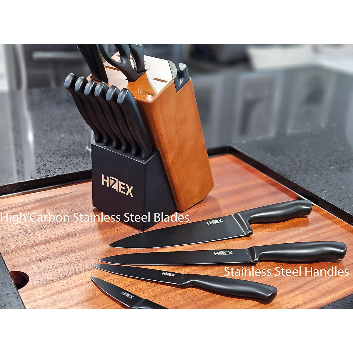 HZEX Premium Kitchen Knife Set, 13-Piece Knives Set in Block, Built-in Sharpener, High Carbon Stainless Steel Knives in Matte Black, Durable Chef's Butcher Steak Paring Utility Bread Knifes