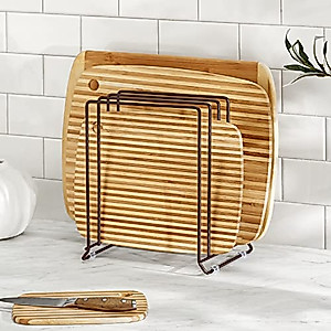 mDesign X-Large Steel Storage Tray Organizer Rack for Kitchen Cabinet - Divided Holder with 5 Slots for Skillets, Frying Pan, Pot Lids, Cutting Board, Baking Sheets - Concerto Collection - Bronze 7.2 inch D x 9.4 inch W x 10.9 inch H