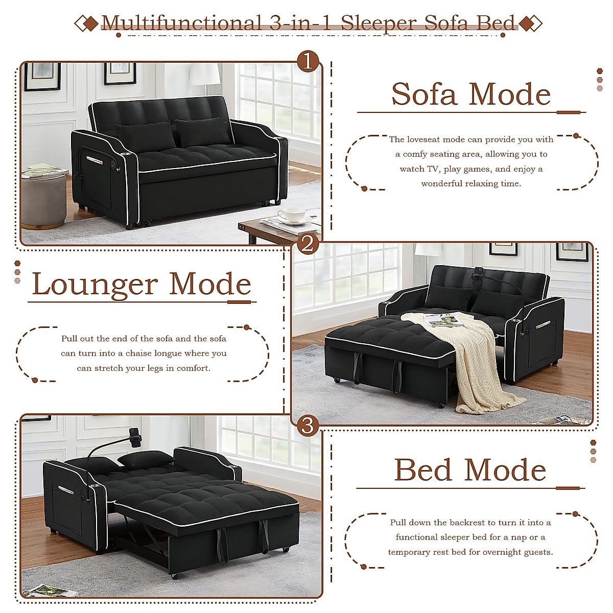 Pull Out Sofa Bed with Phone Holder, Convertible Velvet Loveseat Sleeper with 2 USB Charging Ports, Modern Futon Couch with Cup Holders and Adjustable Backrest, Small Love Seat for Living Room, Black