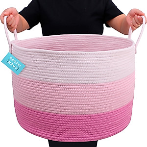 OrganiHaus Pink Baby Laundry Baskets for Organizing 20x13, Extra Large Basket for Blankets, Storage Basket for Living Room, Nursery Laundry Hamper, Cotton Rope Basket, Woven Laundry Basket