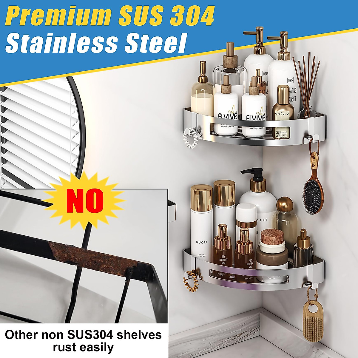 VINIUSIKI Corner Shower Caddy Shelves with Soap Holder & 4 Hooks,SUS304 Stainless Steel Kitchen Organizer, Adhesive & Drilling Wall Mounted Racks for Bathroom & Kitchen & Home Decor, 3-Pack