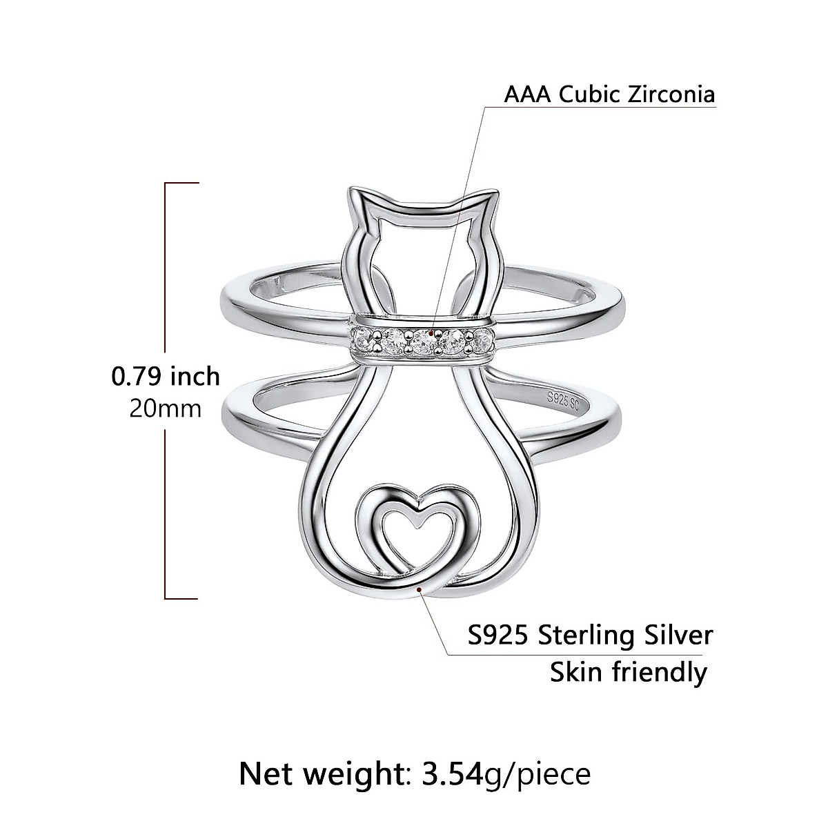 SILVERCUTE 925 Sterling Silver Cat Cute Ring Glittering Heart Cubic Zirconia Sparkle Adjustable Ring