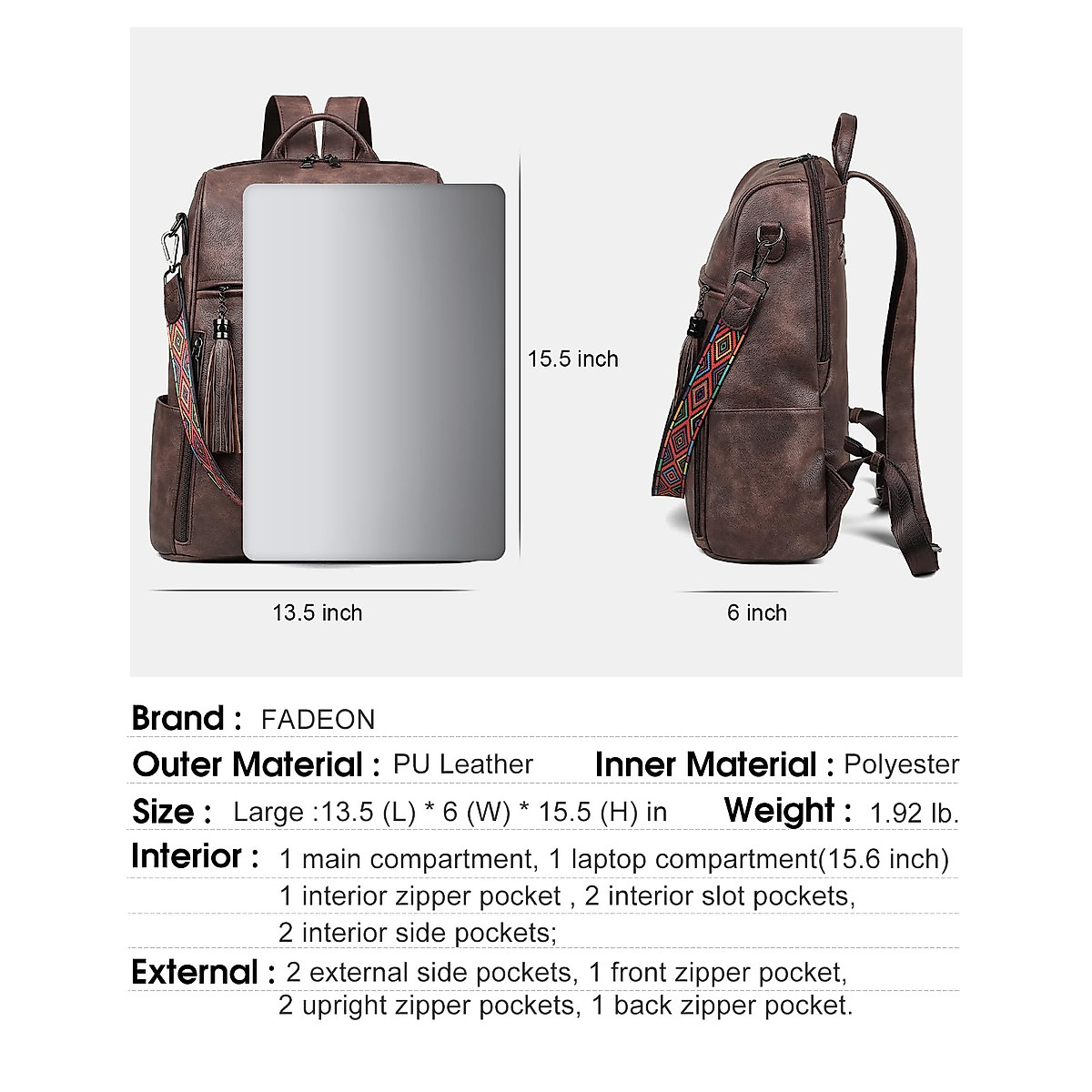 FADEON Laptop Backpack Purse for Women Large Designer PU Leather Laptop Bag, Ladies College Book Bag Shoulder Bags