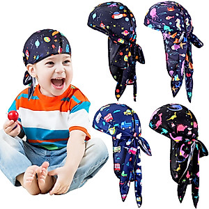 4 Pcs Baby Satin Durags Kids Satin Durags Dinosaur Outer Space Car Animals Headwraps with Long Tail for Baby Toddler Boy Girl (Dinosaur Style)