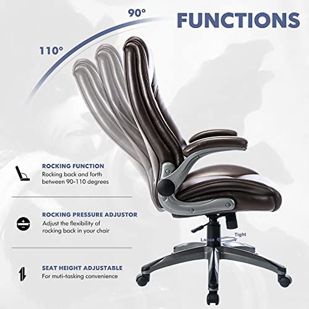 High Back Executive Office Chair-Ergonomic Bonded Leather Computer Chair with Flip-up Arms, Adjustable Tilt Tension, Padded Armrests, Swivel Rolling Home Office Desk Chair-Brown