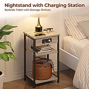Rolanstar End Table with Charging Station, Set of 2 Small Nightstand with Storage Shelf, 3 Tier Slim Side Table with USB Ports & Outlets, Sofa Bedside Table for Bedroom, Living Room, Greige