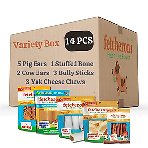 FETCHERONI Dog Treat Variety Box - Variety Box Consists of 5 Pig Ears, 3 Yak Cheese Chews, 3 Bully Sticks, 2 Cow Ears, and 1 Dog Bone - Long Last Dog Chew Treats - All Treats are 100% Natural