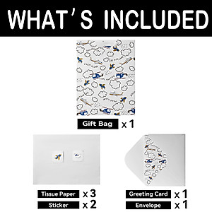13" Large White Gift Bag Set with Greeting Card and Tissue Papers (Helicopter and Plane Design) or Boys’, Girls', or Kids' Party, Baby Showers, Boy