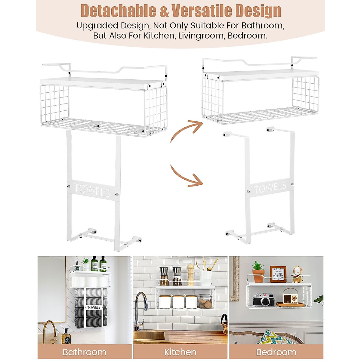Towel Racks for Bathroom Wall Mounted - Bath Wall Towel Holder Set Above Toilet Storage, Rolled Towel Shelf Organizer for Small Bathroom All White, Wood Vertical Towel Rack for Bathroom Wall Decor