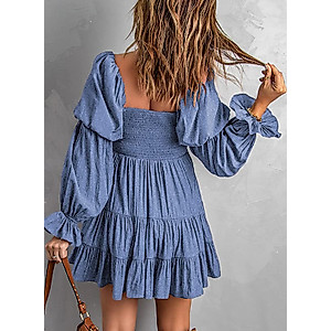 Dokotoo Women Cute Summer Spring 2025 Sexy Off The Shoulder Square V Neck Long Sleeve Babydoll Mini Short Dress Ruffle Smocked Easter A-Line Short Birthday Dresses for Women Casual 2024 Blue Small