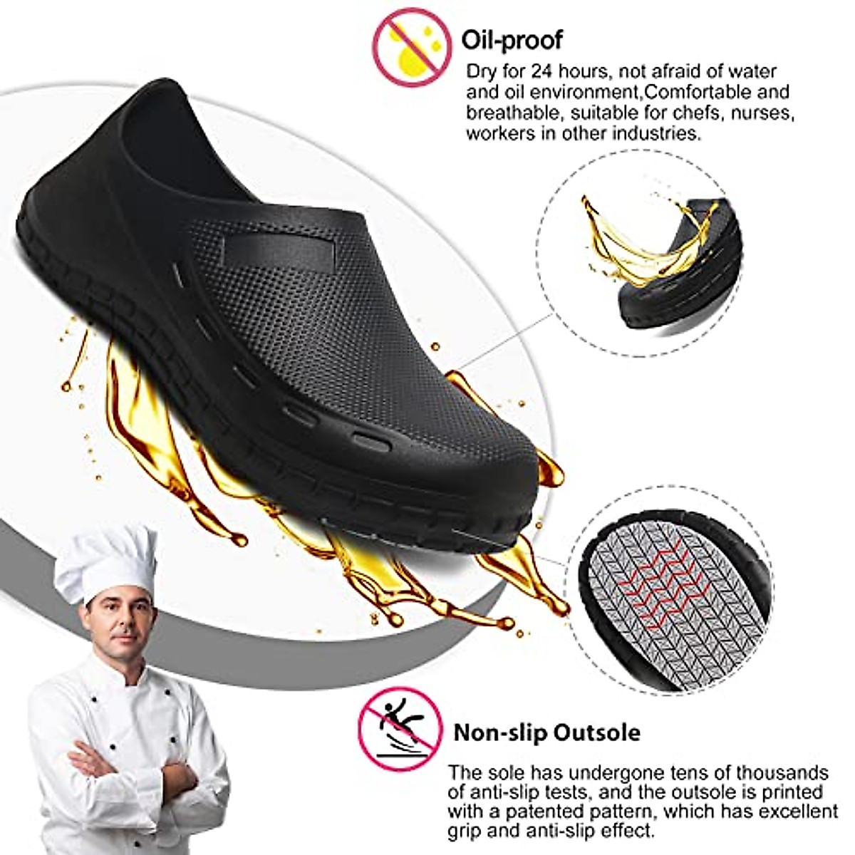 Zapatos de Cocina Kitchen Shoes for Men Nonslip Water Proof Oil Work Clogs，Comfortable Nursing Nurse Shoes for Gardener Food Service，Office Seaside Extra Wide Clog-Men's Mules Chef Shoes New Black