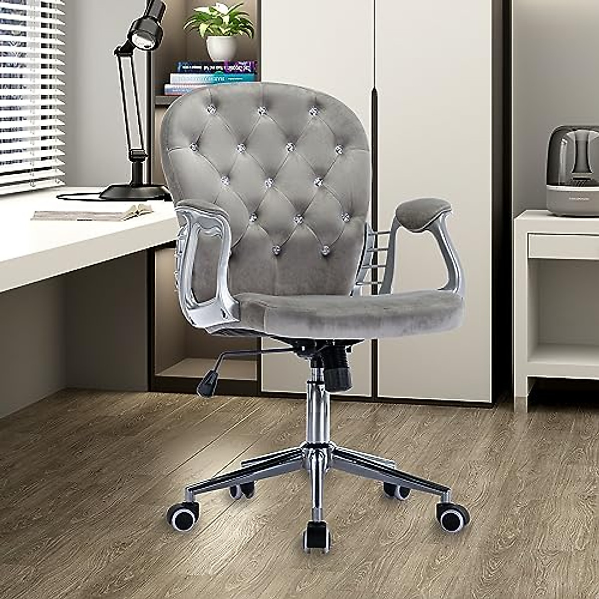 Haplized Velvet Home Office Chair with Wheels, Cute Desk Chair with Side Arms and Wheels 360°, Height Adjustable Armchair for Living Room, Bedroom, Vanity Room, Bling Desk Nail Desk for Women (Grey)