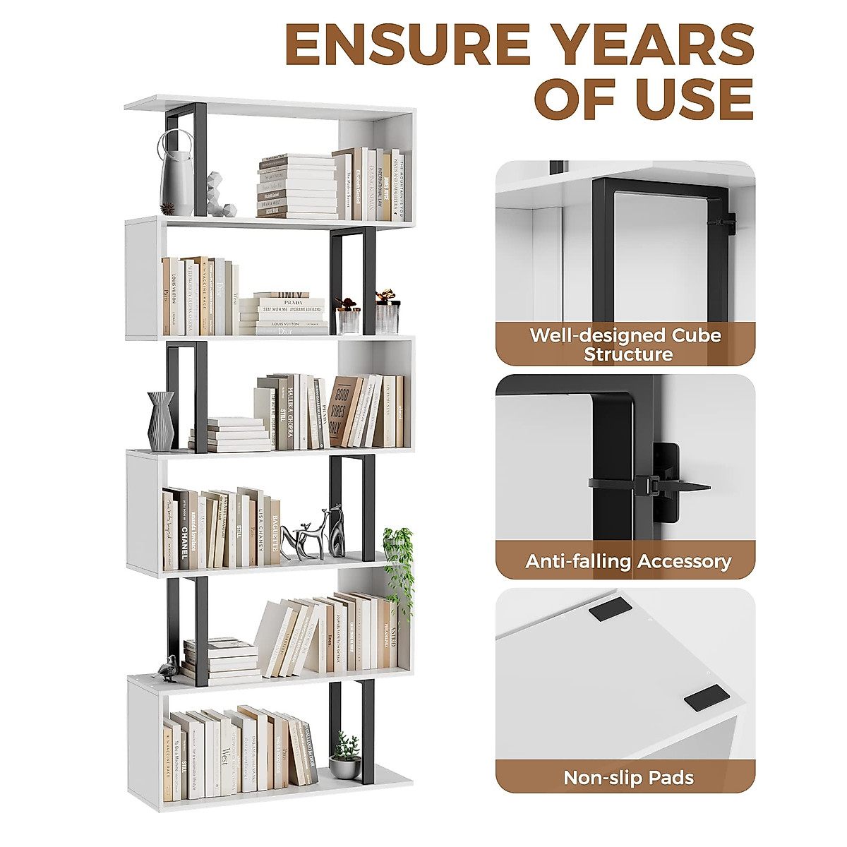 Gadroad 6 Tier Geometric Bookcase,S Shaped Bookshelf, Wood Decorative Storage Shelving, Modern Freestanding Display Shelves, Tall Book Shelf Unit for Living Room Bedroom, White