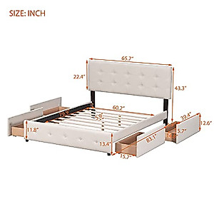 Wooden Queen Bed Frame Upholstered Platform Bed with Classic Headboard and 4 Drawers, No Box Spring Needed, Linen Fabric, Queen Size Beige