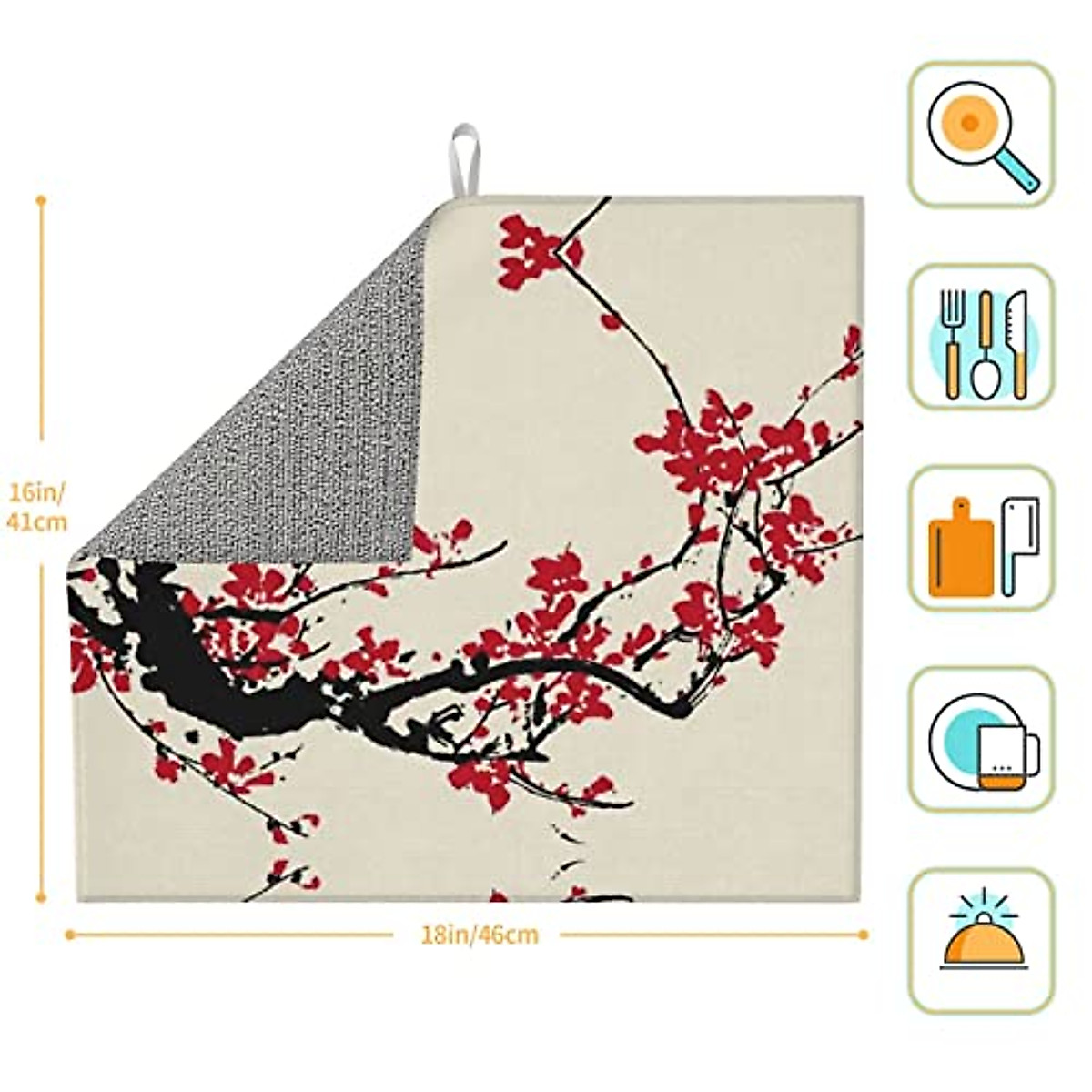 Japanese Floral Cherry Blossom Printed Drying Mat For Kitchen Ultra Absorbent Microfiber Dishes Drainer Mats Non-Slip Silicone Quick Dry Pad - 18 X 16inch