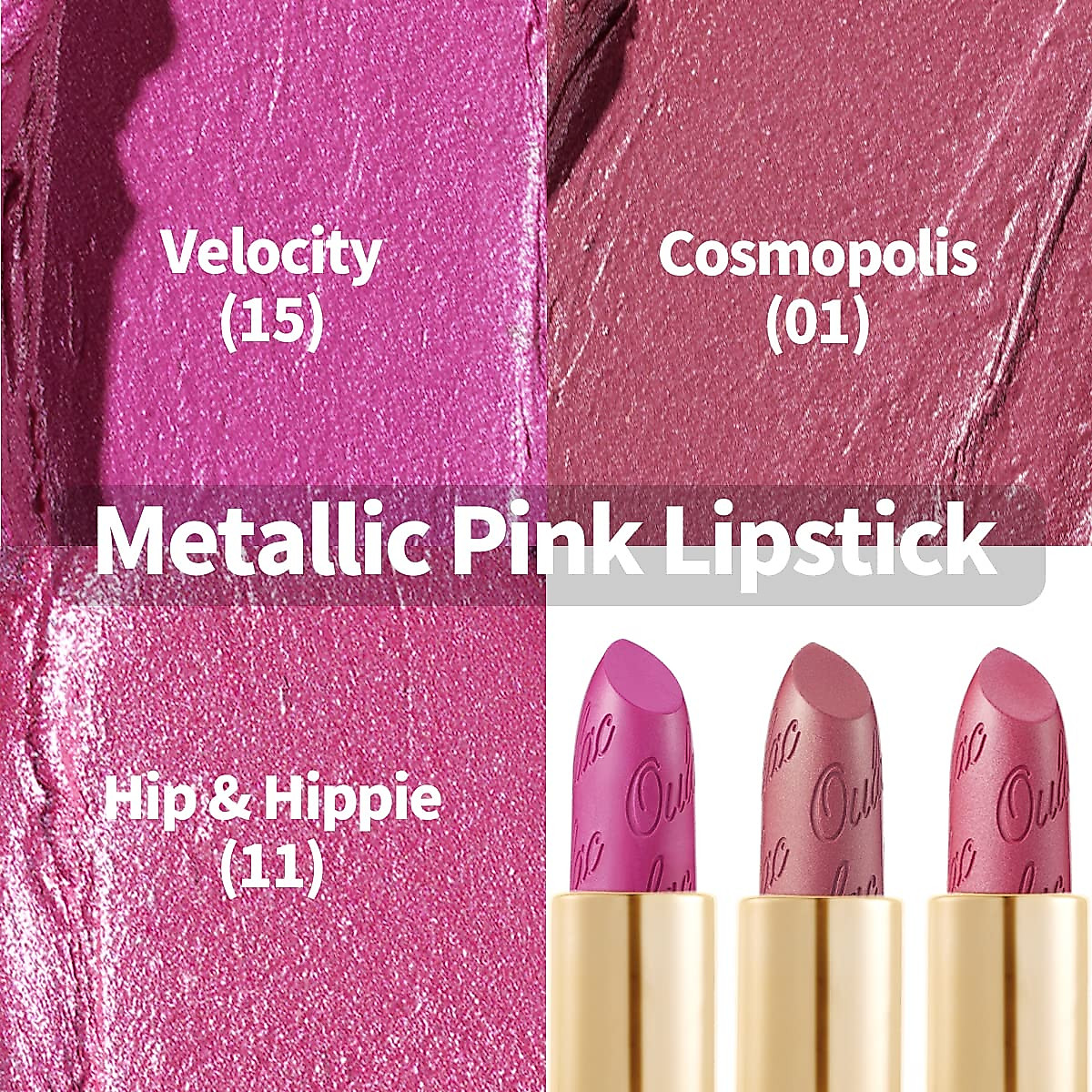 Oulac Metallic Pink Lipstick Set 3PCS High Impact Lipcolor with Moisturizing Formula, Vegan Beauty, Full-Coverage Lip Color 4.3g X 3PCS
