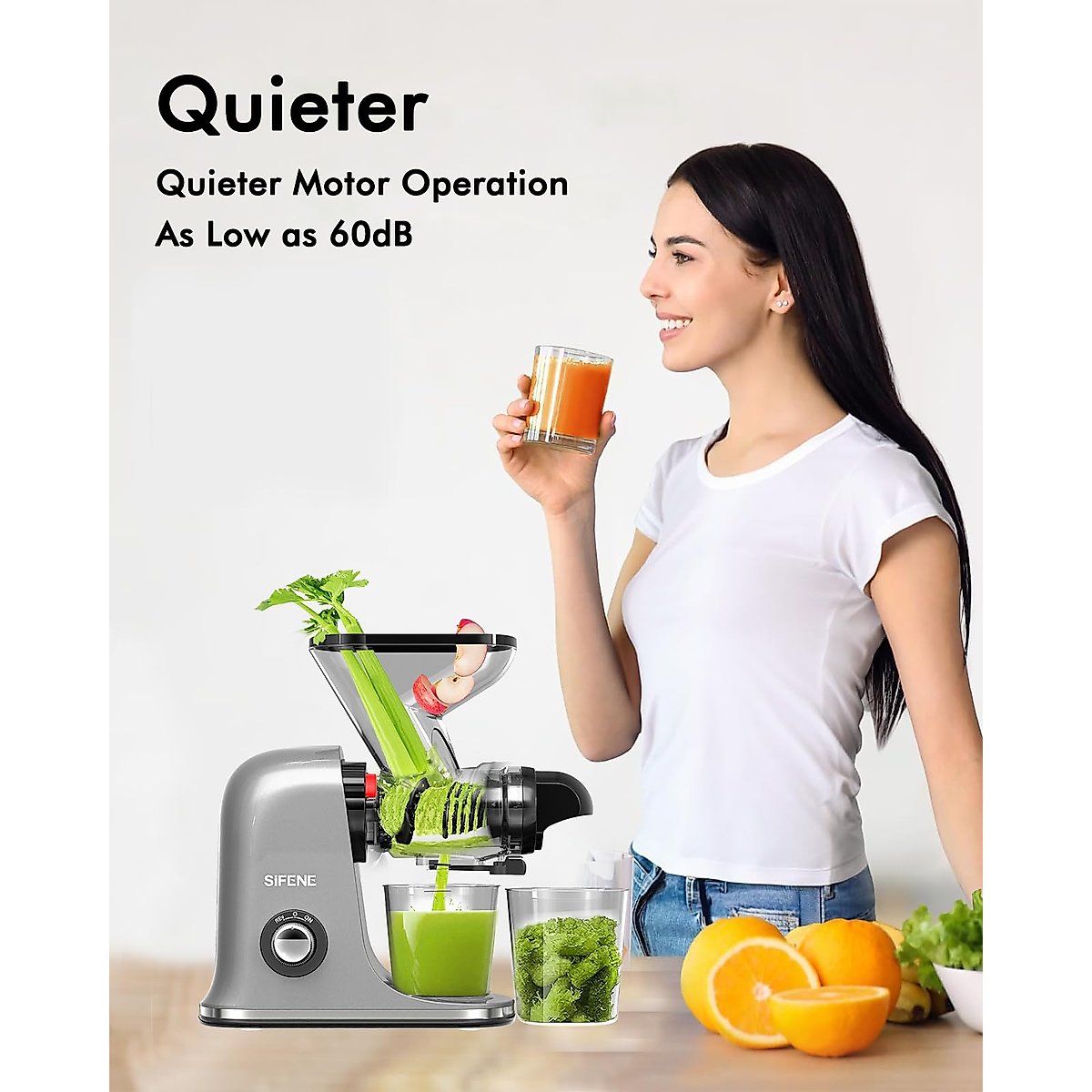SiFENE Cold Press Juicer Machine, Dual Feed Chute Slow Masticating Juicer, Vegetable and Fruit Juice Maker Squeezer Machines, Recipes Included