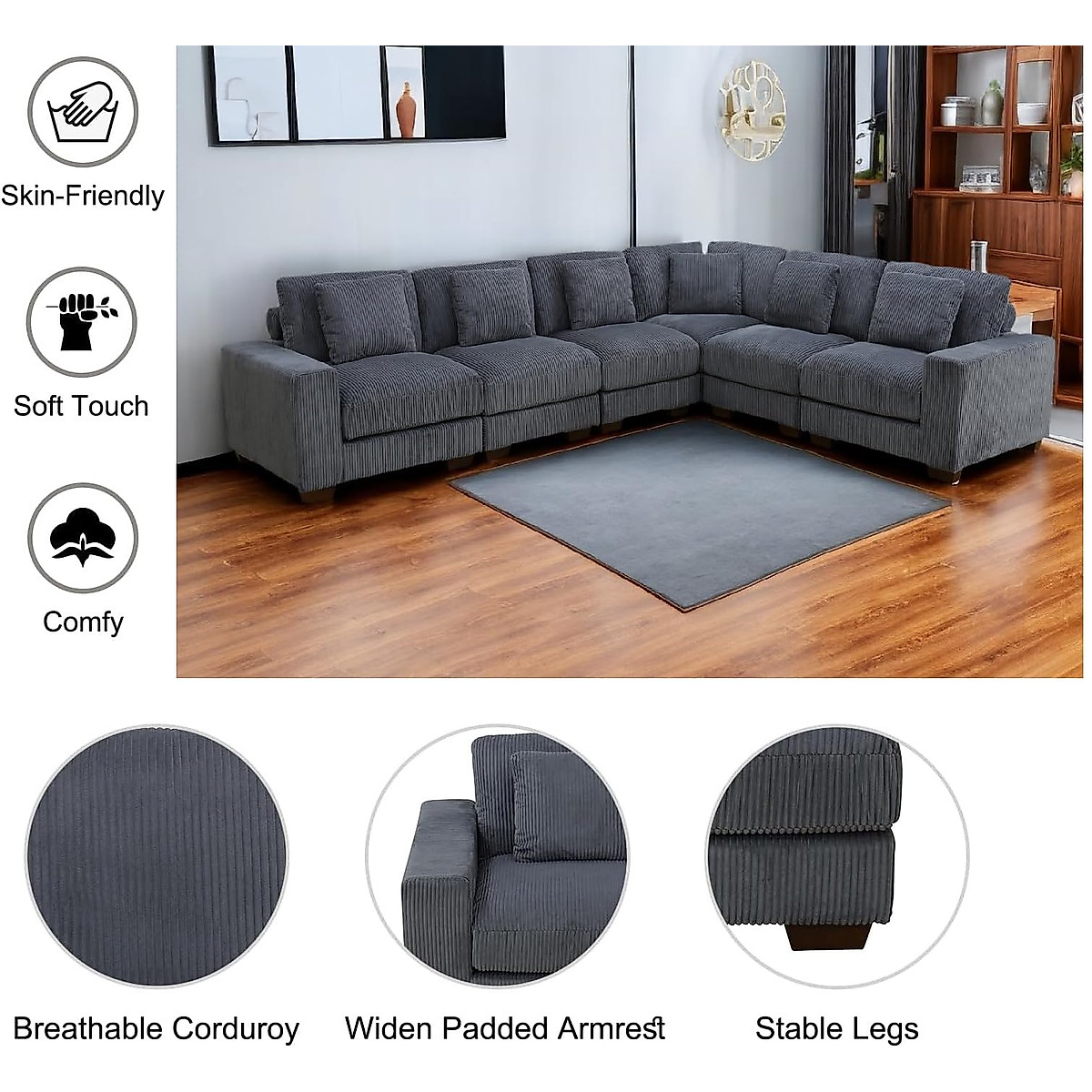 AYCP Customized Oversized Reversible Modular Sofa Couch Set with Adjustable headrest and Ottomans (Dark Grey, L Shape 6pcs)