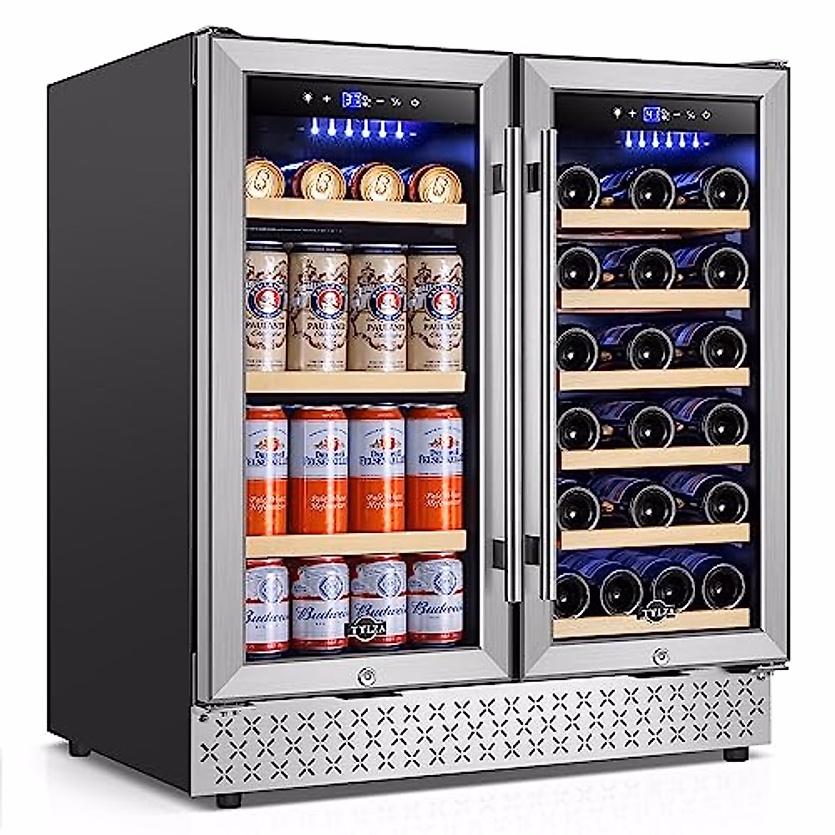 Tylza 30 Inch Wine and Beverage Refrigerator, Dual Zone Wine Beverage Cooler 30" with French Door, Under Counter Wine Beer Fridge Built-In or Freestanding, Holds 29 Bottles and 110 Cans TYBC200