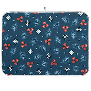 Christmas Holly Berry Leaves Dish Drying Mat Kitchen Counter Drying Mat Kitchen Matt Dish Dryer Cloth Dish Wish Drying Mat 18 x 24