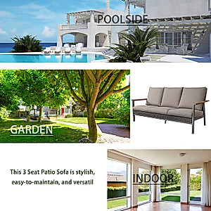 LOKATSE HOME Outdoor Wicker 3-Seat Couch Loveseat Patio Rattan Furniture Bench with Removable Thick Beige Cushions Steel Frame for Garden, Yard, Porch, Gray