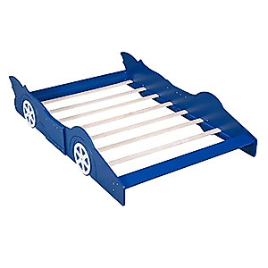 LCH Full Size Race Car-Shaped Platform Bed with Wheels,Wooden Platform Bed with Support Slats,Full Bed Frame for Children Boys Girls Teens,Suitable for Bedroom,Apartment and Dorm,Blue