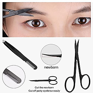 Eyebrow Scissors with Comb Tweezer, Multi-Purpose Stainless Steel Curved Small Eyelash Scissors Tweezer Comb for Women Eyebrow Eyelash Facial Gromming (Black)