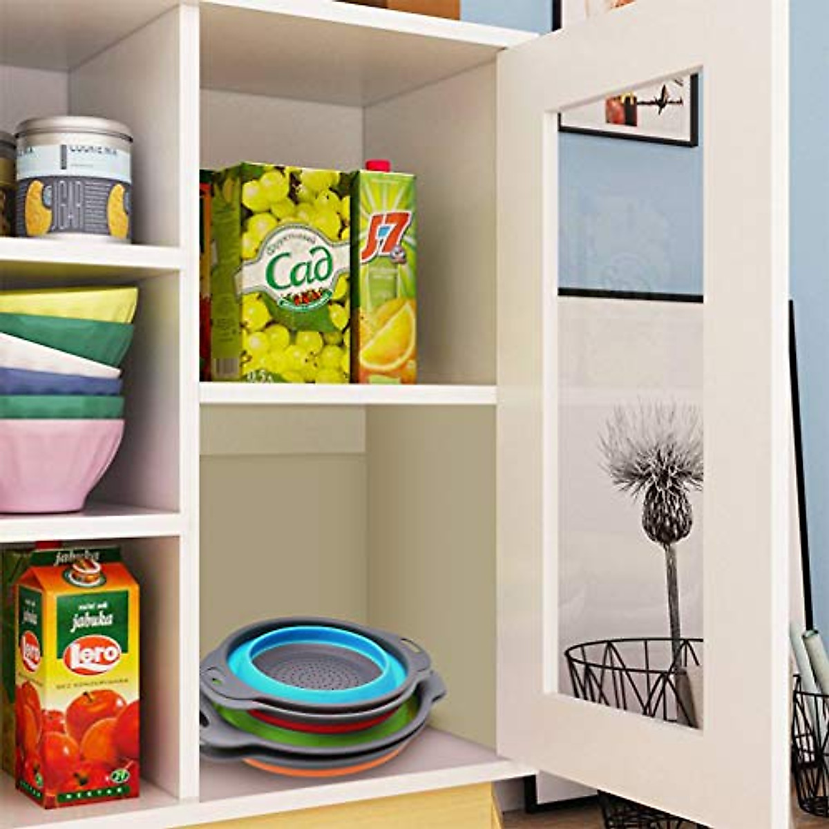 QiMH Collapsible Colander and Strainer Set of 4, 2 PC 4 Quart(1 gal) and 2 PC 2 Quart(0.5 gal), Food-grade Sturdy Plastic Base - Round Space-save Silicone Kitchen Foldable Strainer for Pasta, Veggies