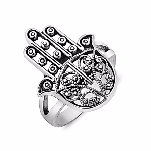 AeraVida Delicate Henna Hand of Hamsa .925 Sterling Silver Ring | Wedding Rings For Women | Boho-inspired Comfort Fit Silver Rings for Women | Sterling Silver Rings Sizes (9)