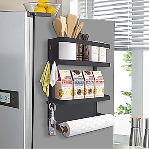 Vodoco Magnetic Spice Rack, Refrigerator Organizer Kitchen Storage 2-Tier Magnetic Shelf Magnetic Paper Towel Holder Spices Organizer Wall Storage Kitchen Storage Rack - Black