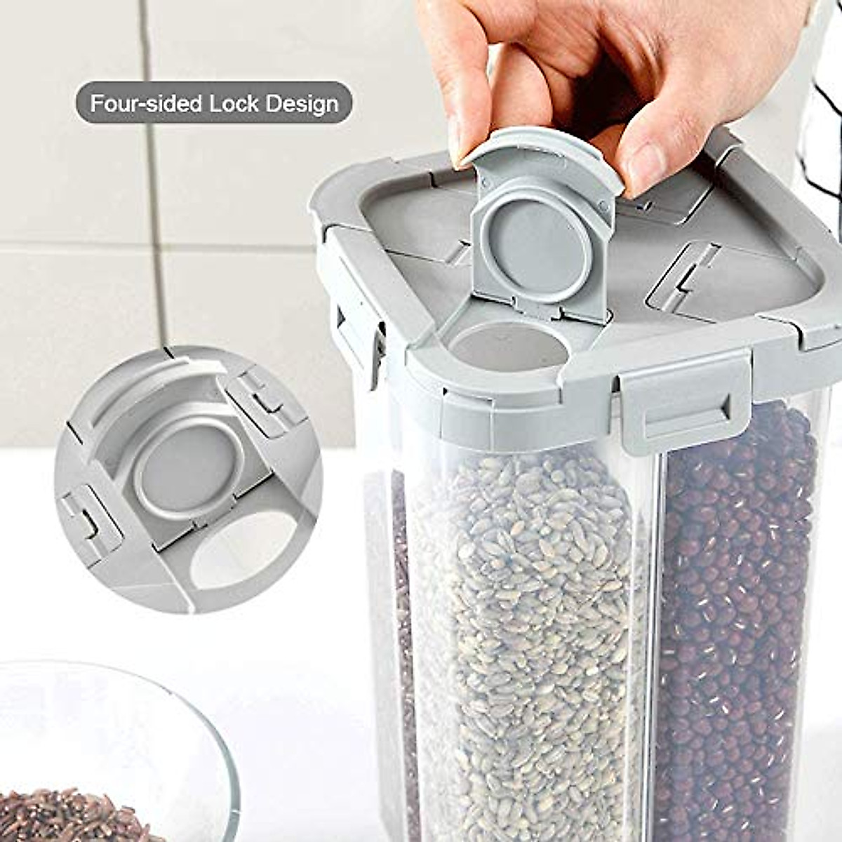 BIPEGE Airtight Cereal Storage Container, Clear 2.3L Airtight Kitchen Food Storage Container with Lids and Compartments for Grain, Sugar, Flour, Rice, Nuts, Snacks