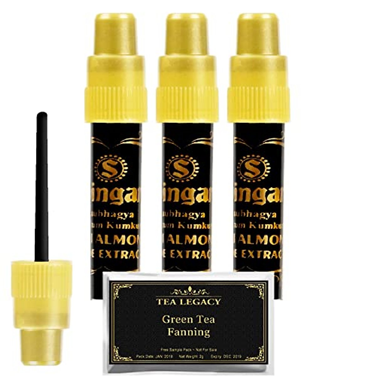 Yogic Mantra Shringar Bindi Liquid Deep Black Color Kumkum (3 Bottles Bundle with TeaLegacy Free Sample) Premium Kum Kum with Almond, Aloe Extracts for Bindi Dots, Tikka Bindis & Temporary Tattoo